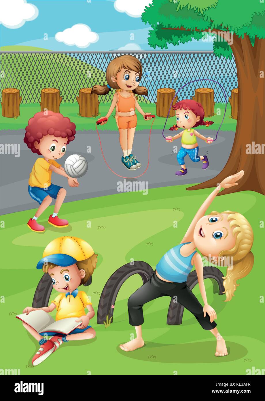 Children exercising in the park illustration Stock Vector Image & Art ...