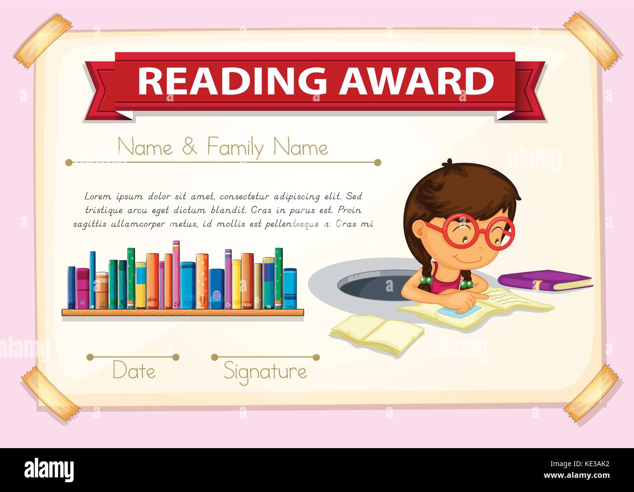 Reading award template with girl reading illustration Stock Vector ...