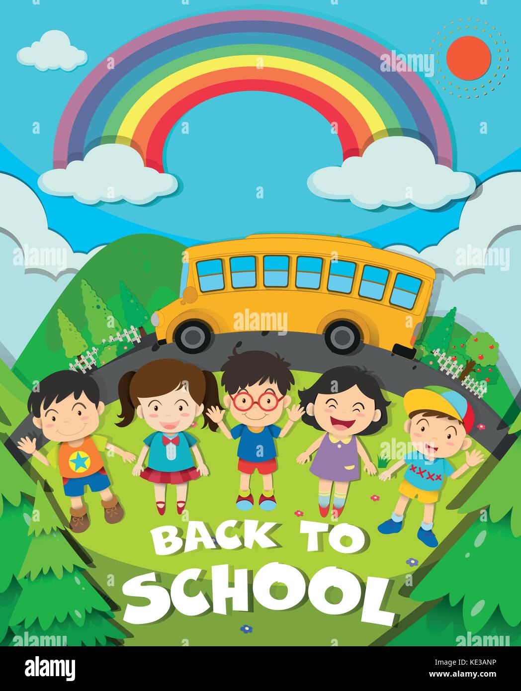 Back to school theme with school bus and kids illustration Stock Vector ...