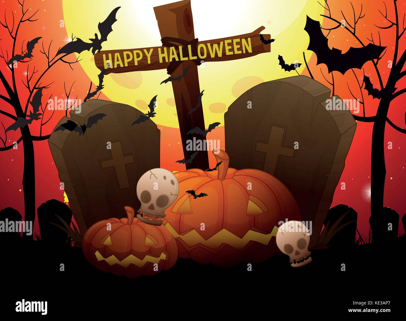 Halloween theme with graveyard and pumpkin illustration Stock Vector ...
