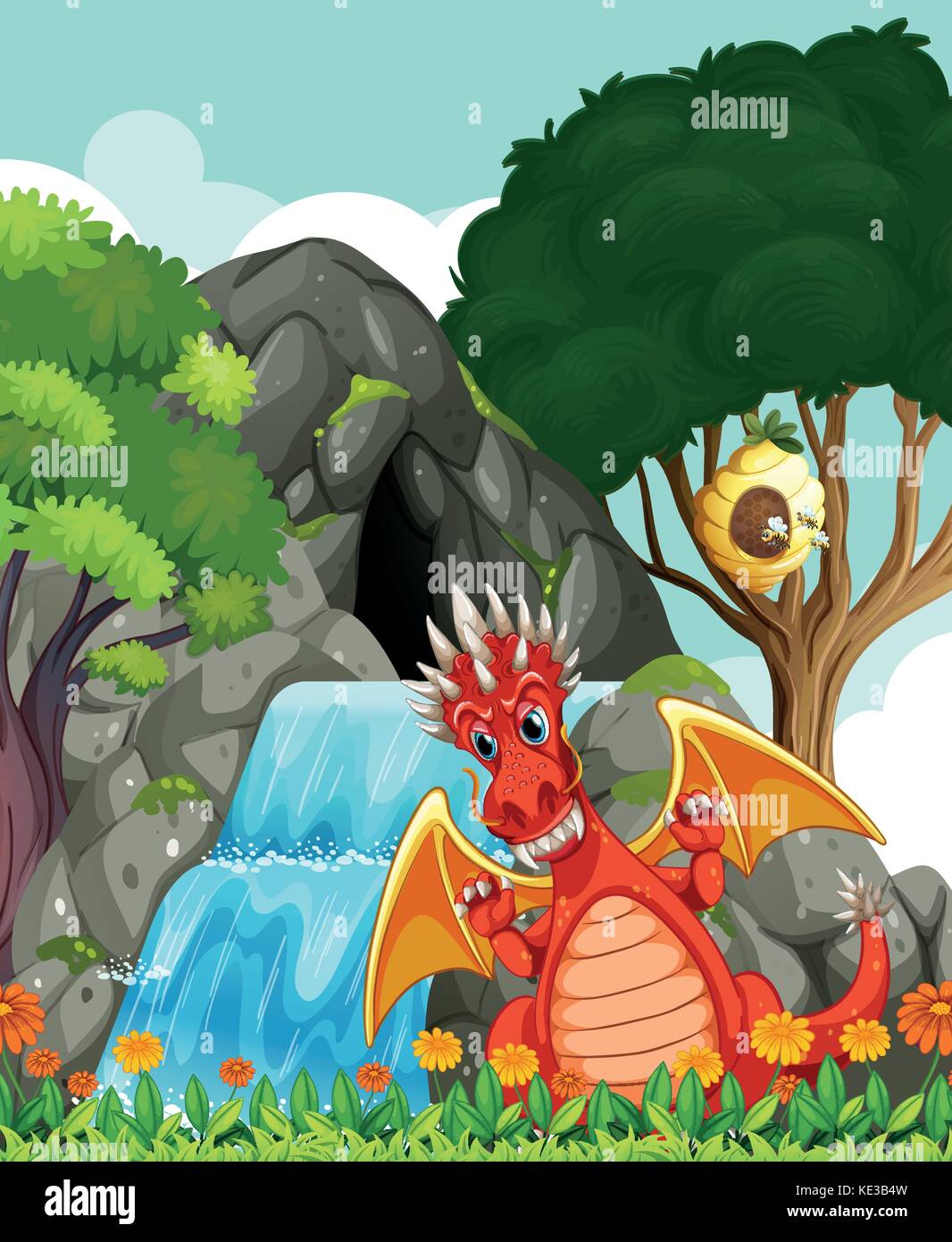 Dragon by the waterfall and cave illustration Stock Vector Image & Art ...