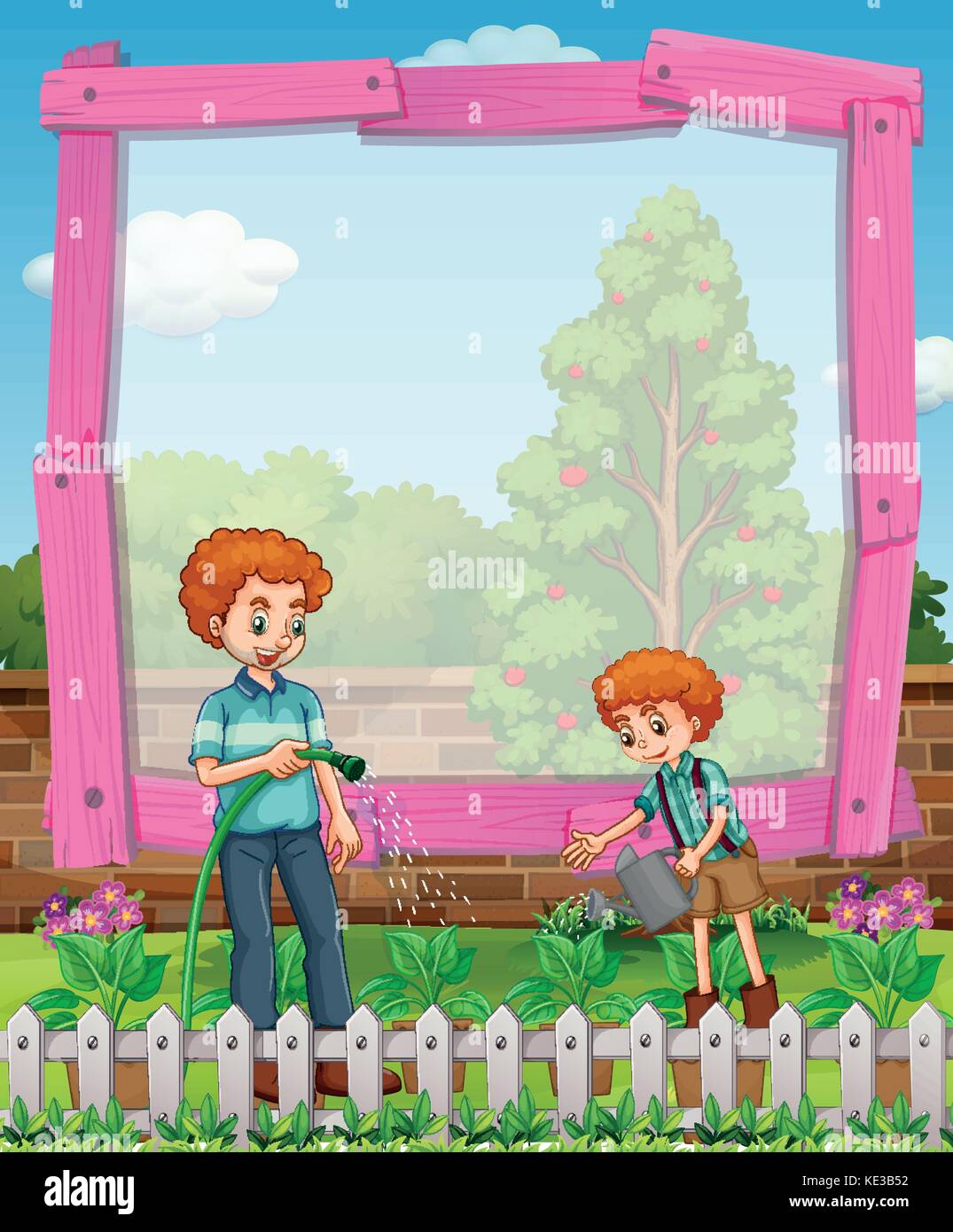 Frame design with father and son in the garden illustration Stock ...