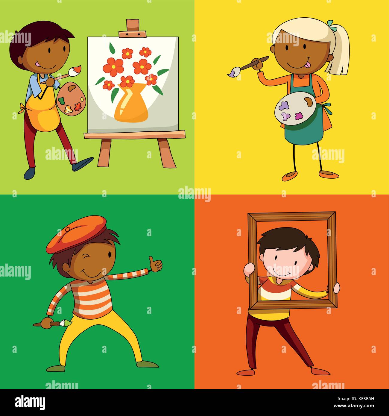Four artists painting and coloring illustration Stock Vector Image ...