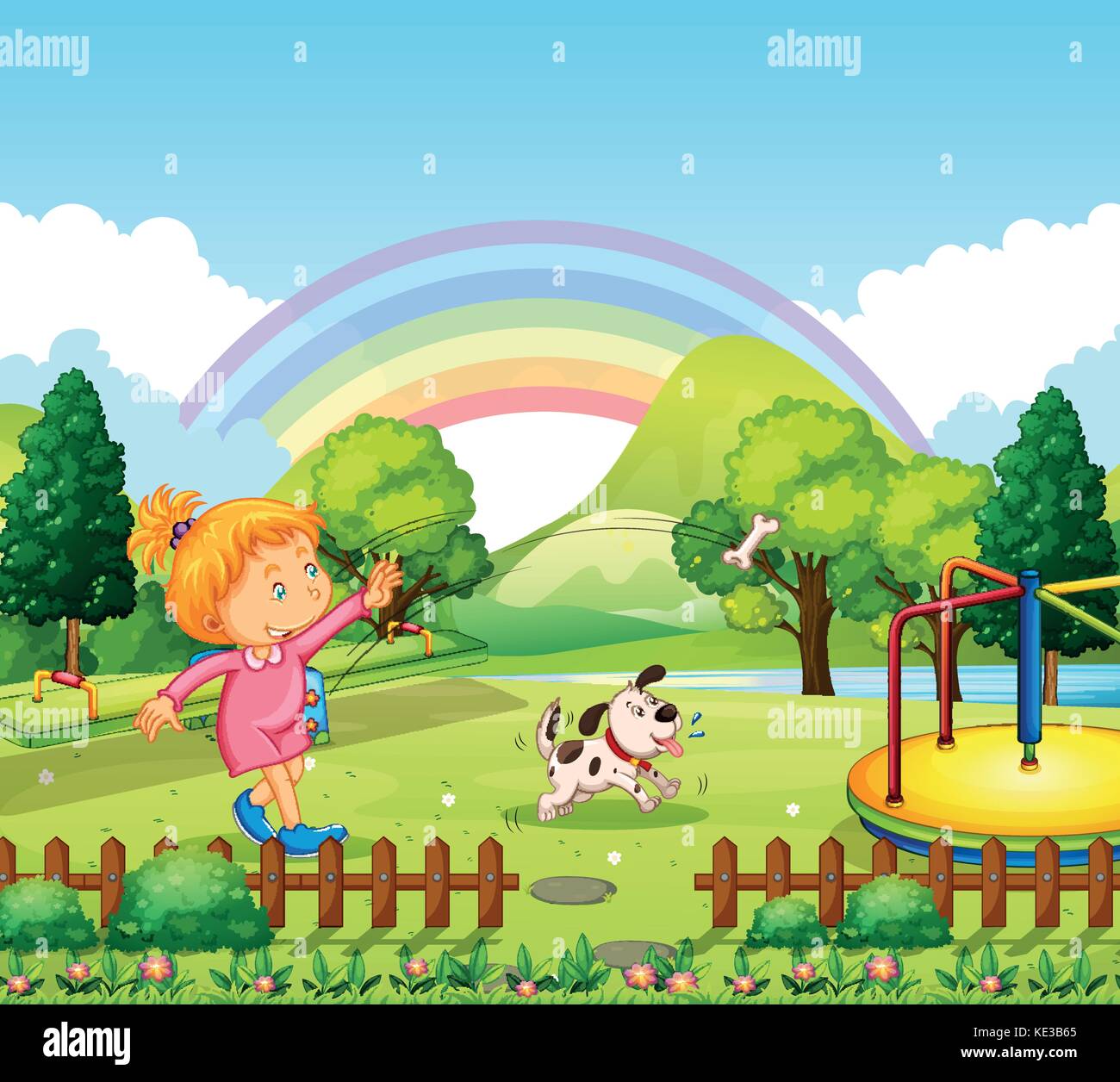 Girl throwing bone for dog in the park illustration Stock Vector Image ...