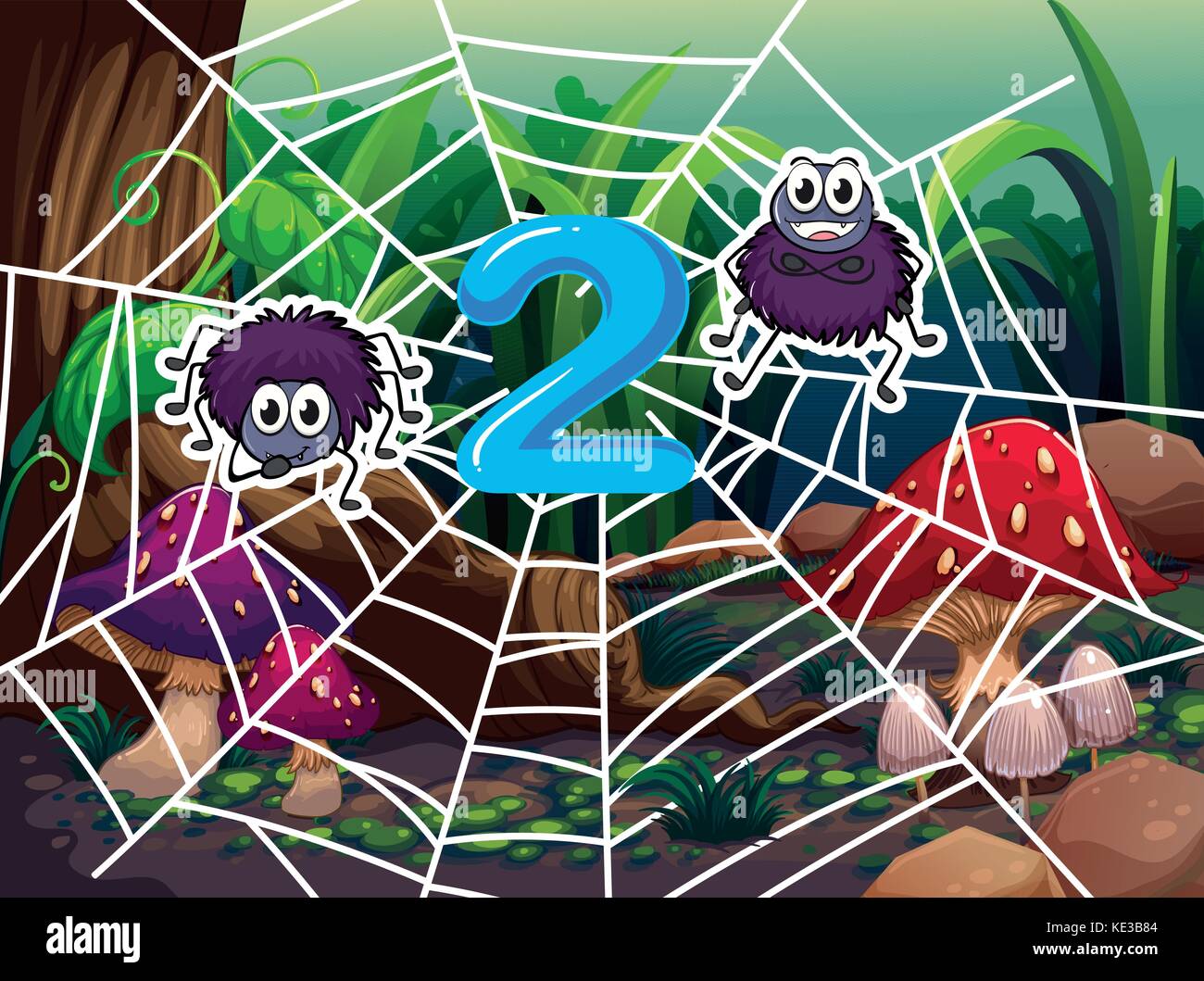 Number two with two spiders on web illustration Stock Vector Image ...