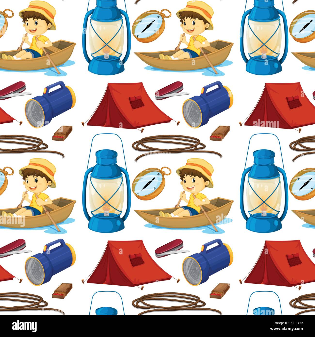 Seamless boy rowing boat and camping gears illustration Stock Vector ...