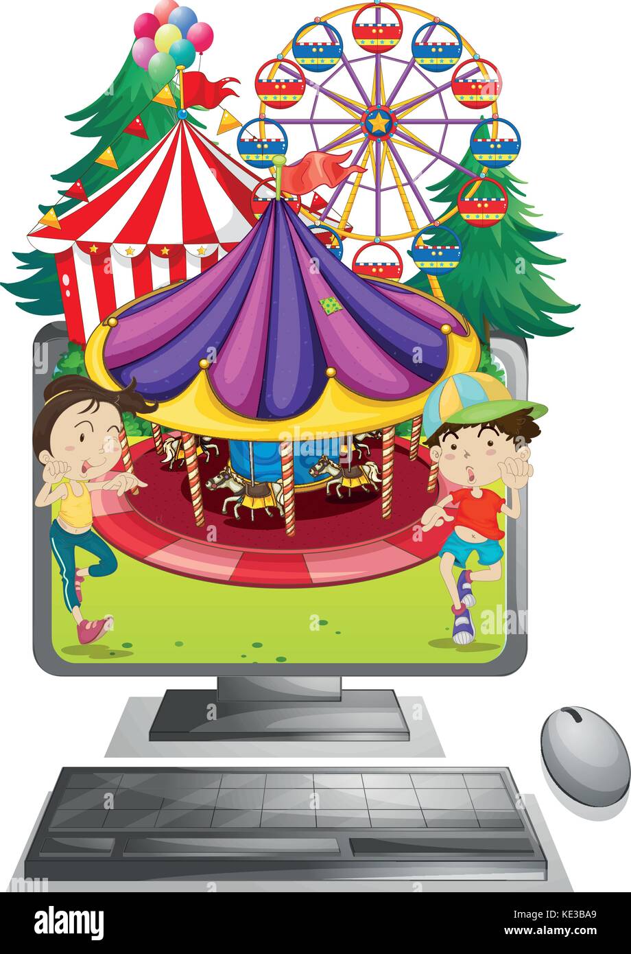 Computer screen with children at carnival illustration Stock Vector ...