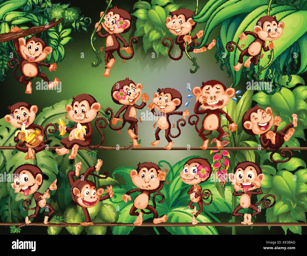 Monkeys doing different things in the jungle illustration Stock Vector ...