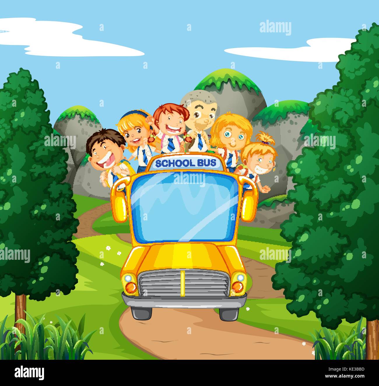 Students riding on yellow school bus illustration Stock Vector Image ...