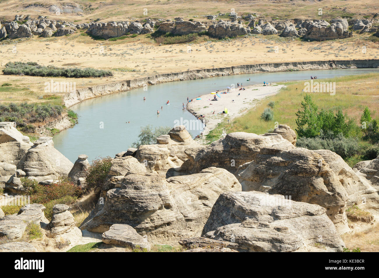 People at the beach and swimming in the Milk River surrounded with ...