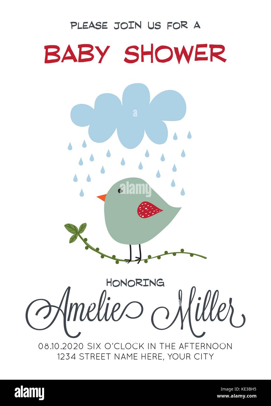 delicate customizable baby shower card template with bird, vector ...