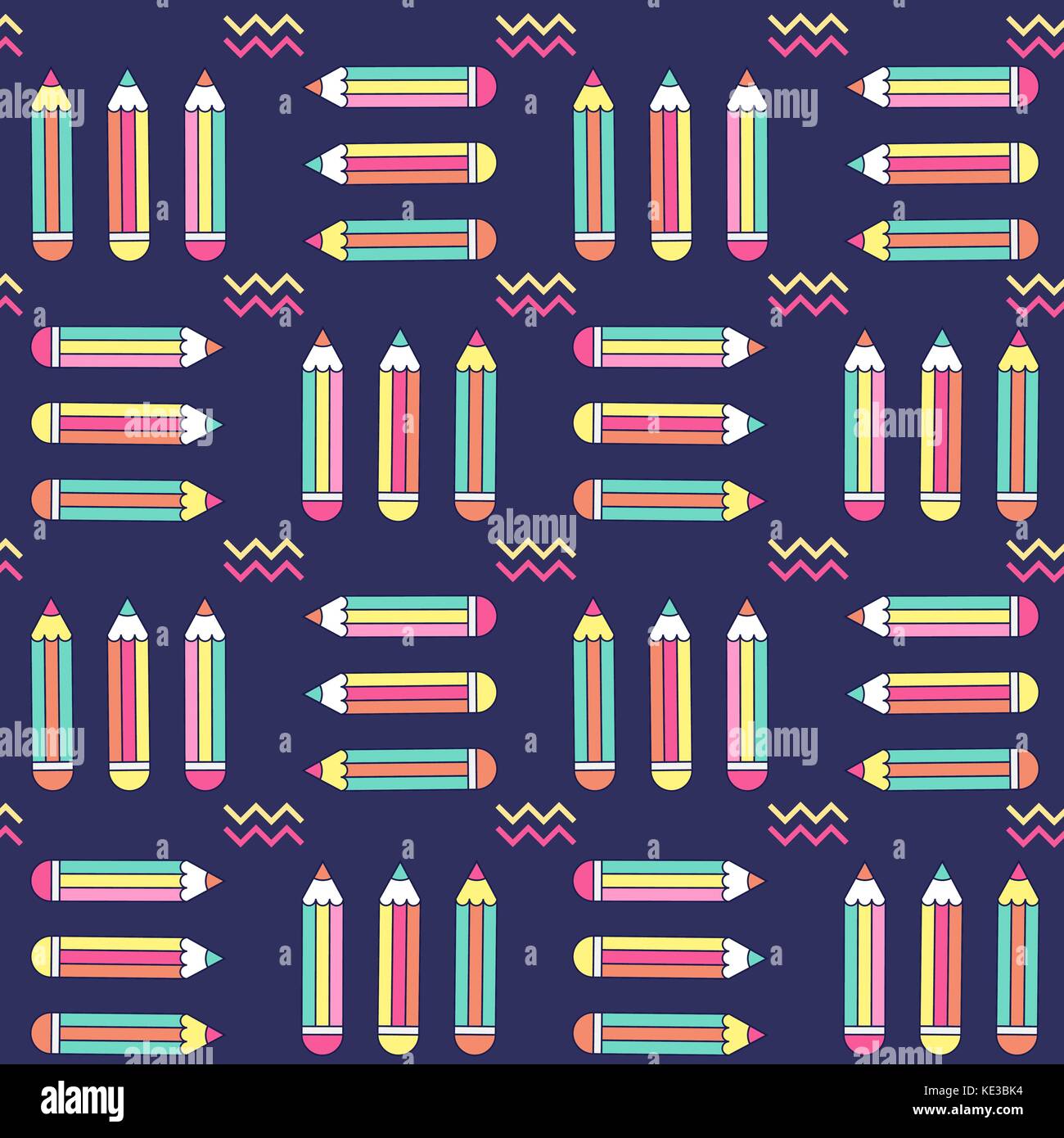vibrant seamless pattern with pencils in memphis style, vector format ...