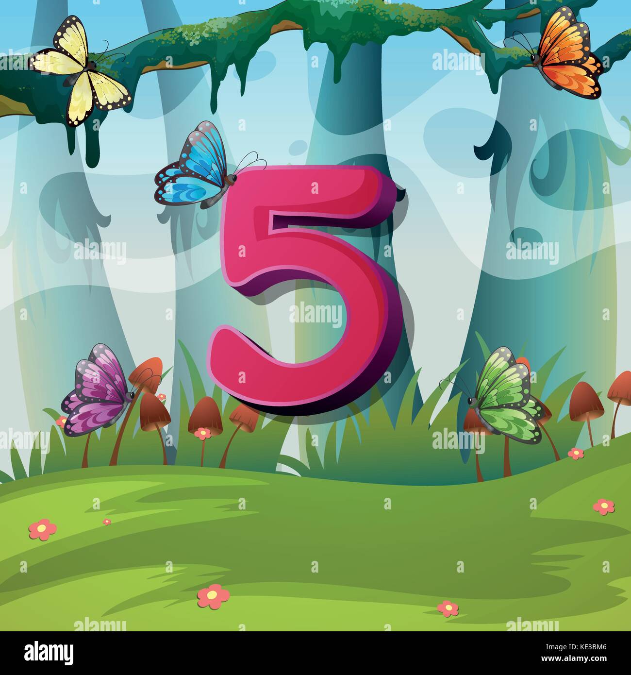 Number five with 5 butterflies in garden illustration Stock Vector ...