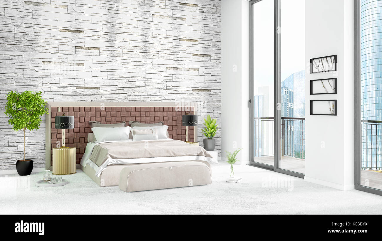 Brand new white loft bedroom minimal style interior design with ...