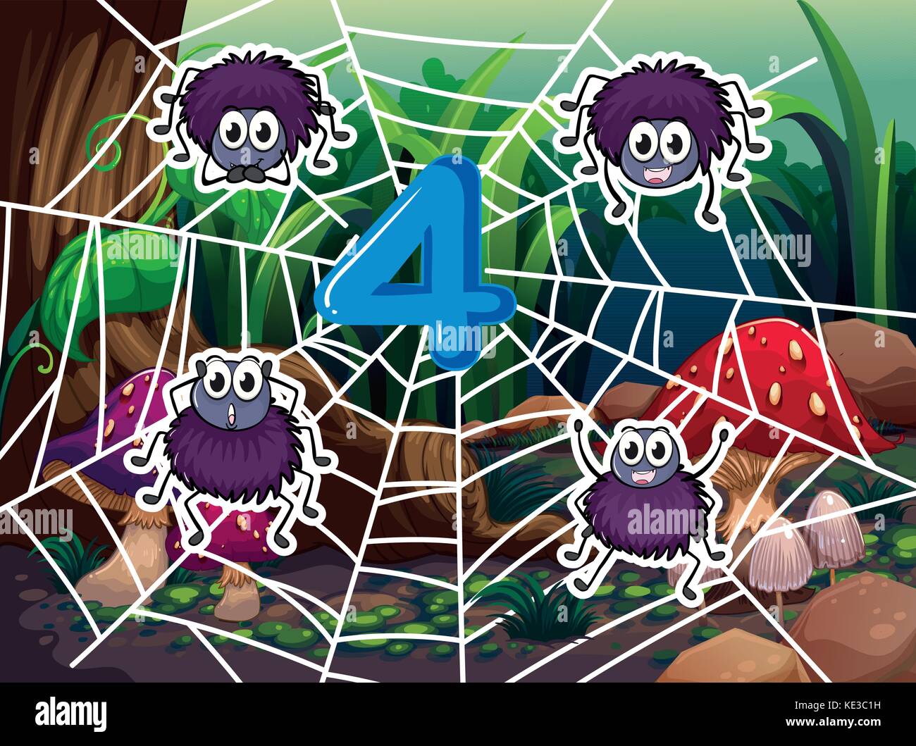 Number four and four spiders on web illustration Stock Vector Image ...