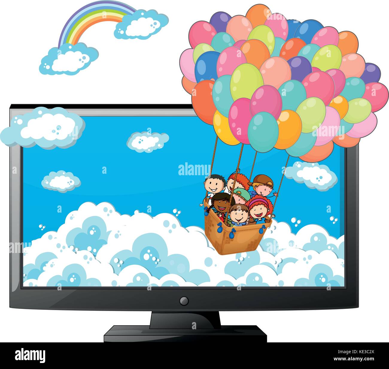 Television screen with children riding in balloon illustration Stock ...