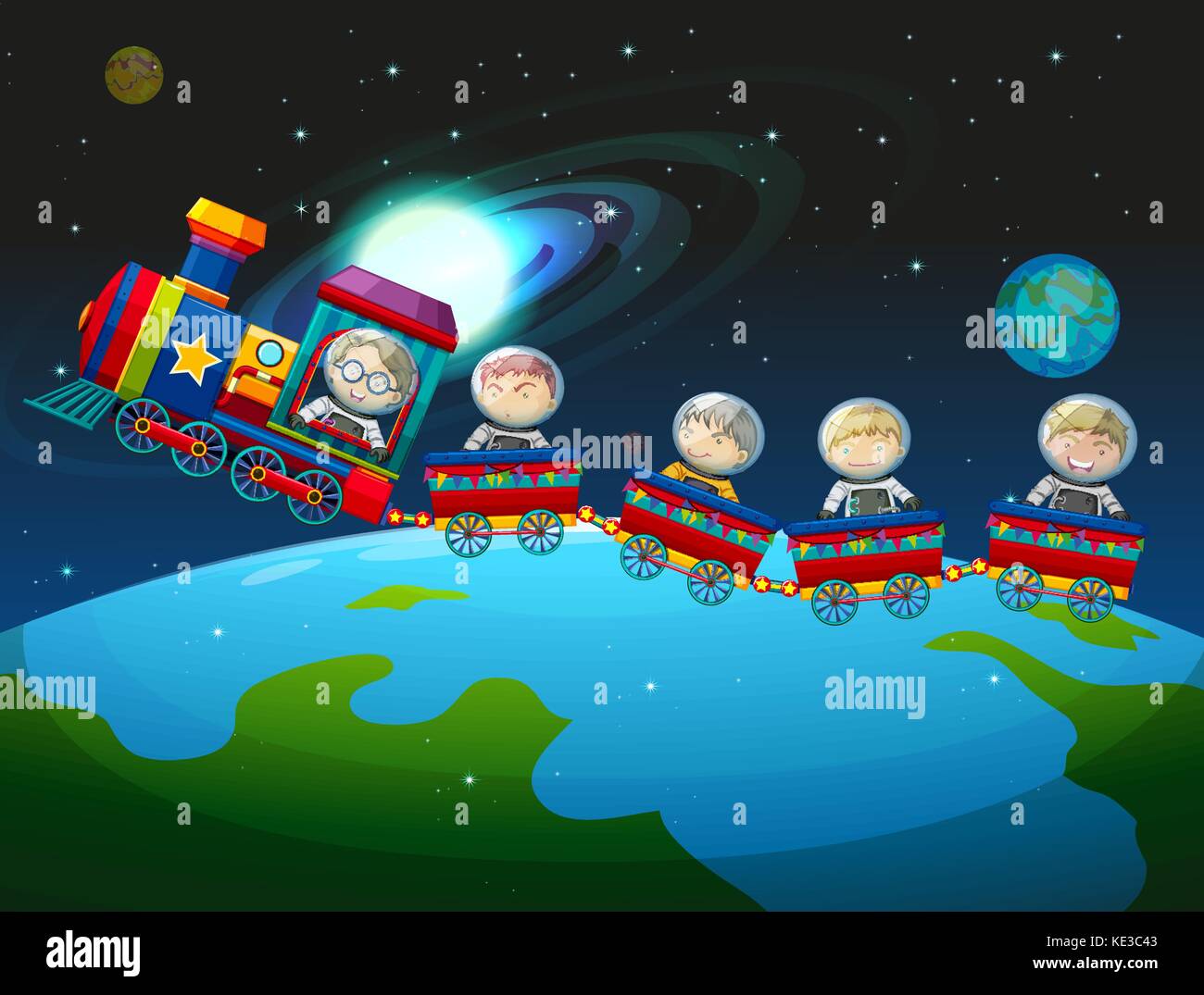 Children riding train in space illustration Stock Vector Image & Art ...