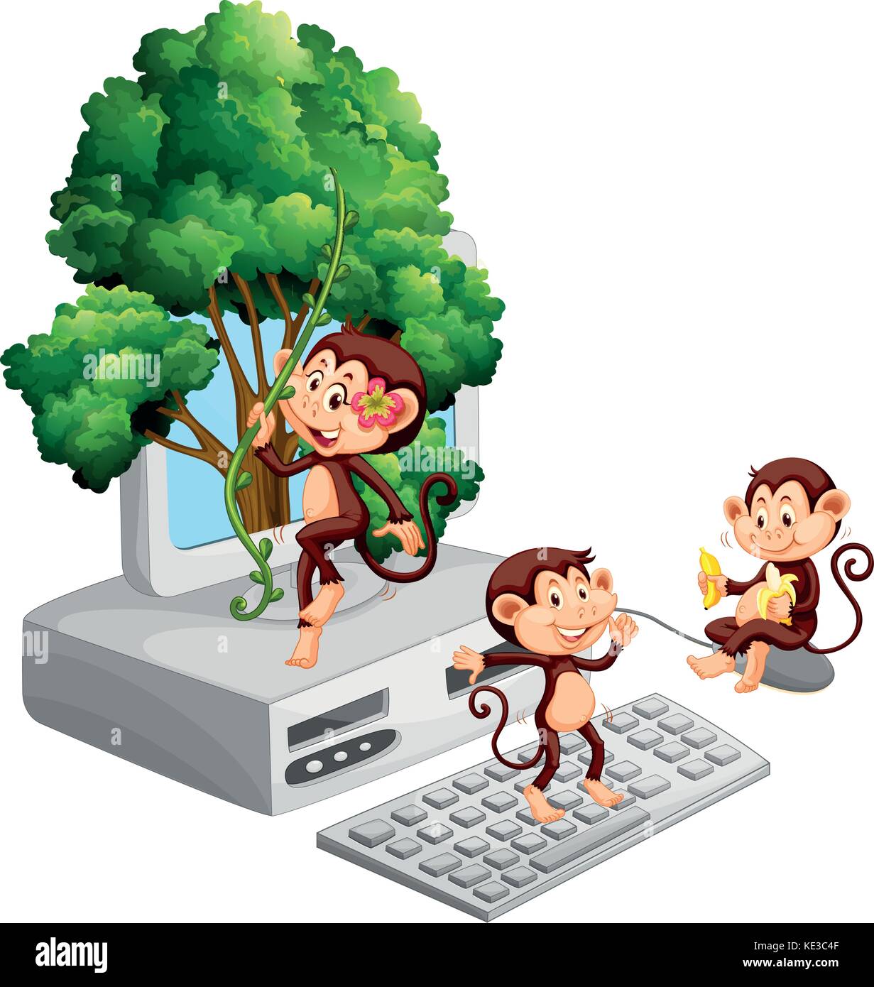 Monkeys playing and eating on computer screen illustration Stock Vector ...