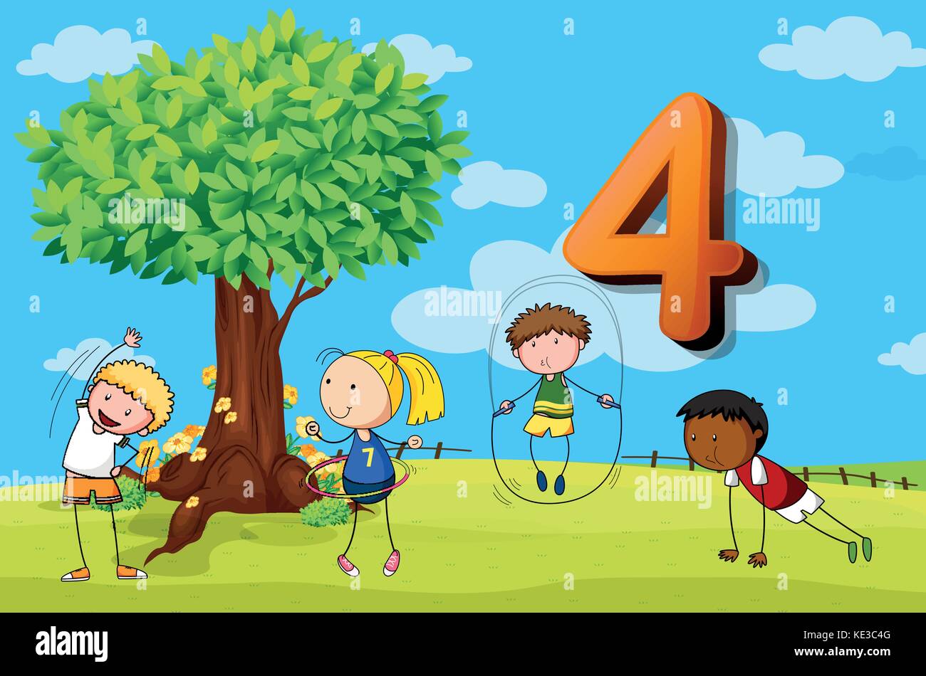 Flashcard number 4 with four children in the park illustration Stock ...