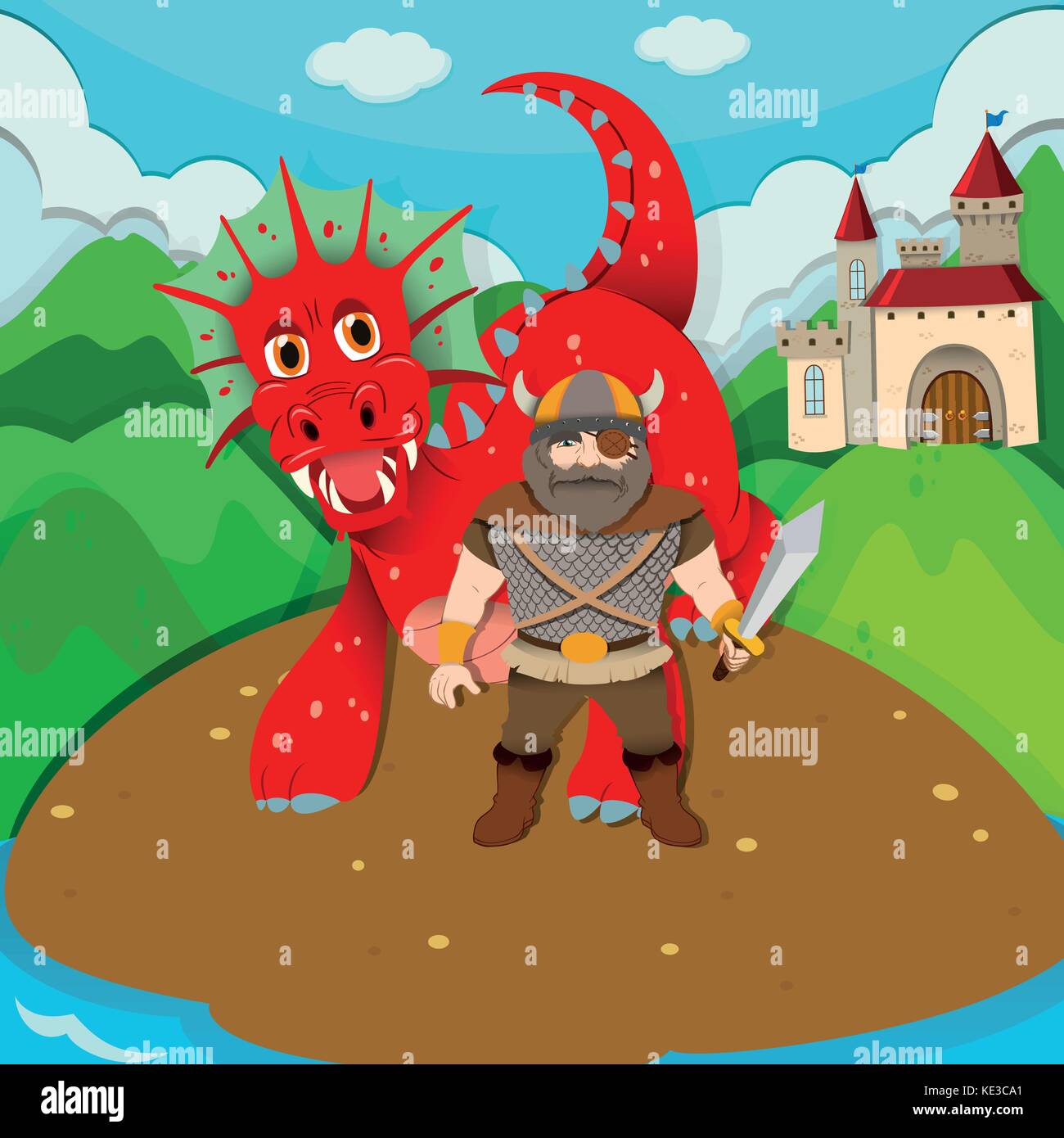 Viking and dragon on island illustration Stock Vector Image & Art - Alamy