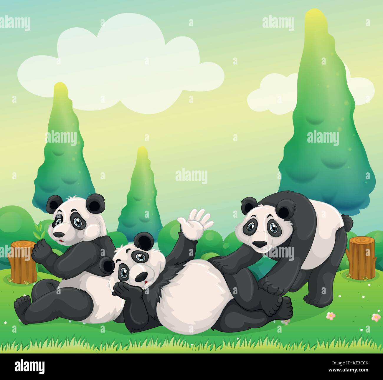 Three pandas playing in the park illustration Stock Vector Image & Art ...