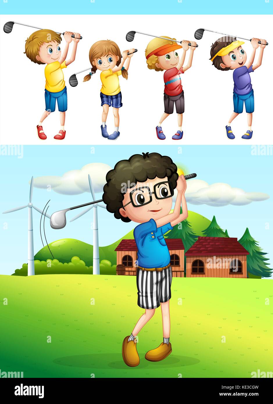 Children playing golf on the lawn illustration Stock Vector Image & Art ...