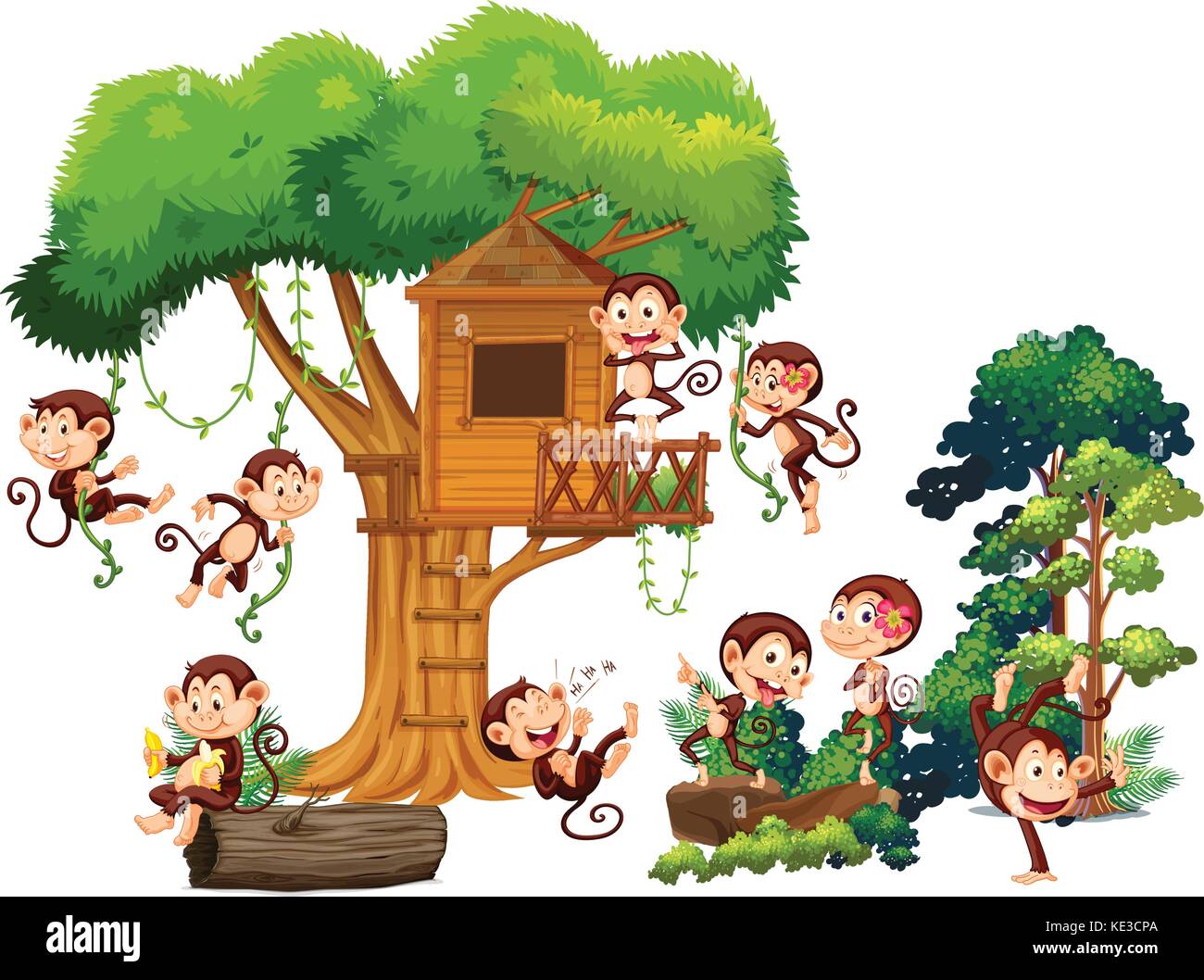 Monkeys playing and climbing up the treehouse illustration Stock Vector ...