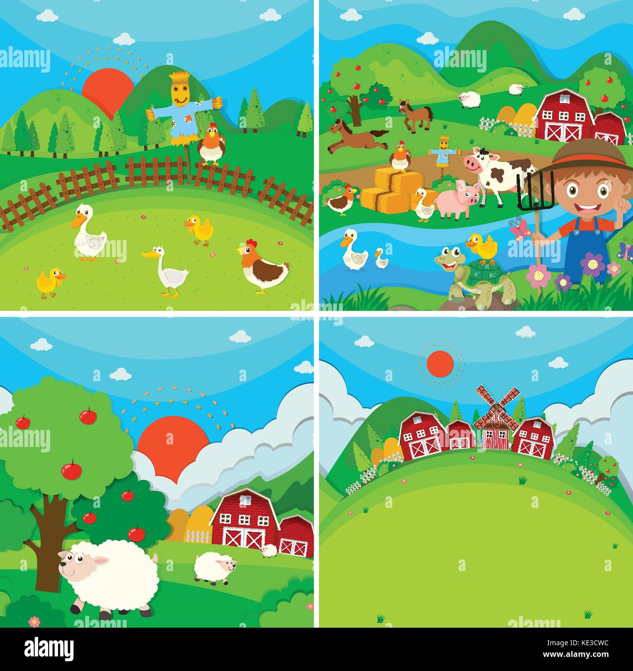 Countryside scene with farmer and animals illustration Stock Vector ...