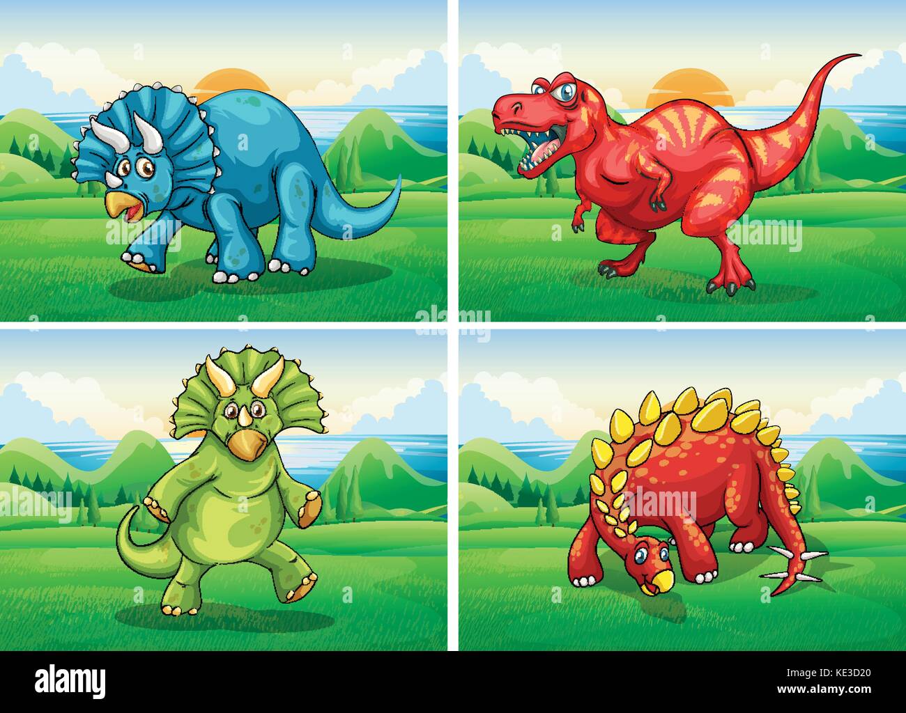 Four dinosaurs standing in the field illustration Stock Vector Image ...