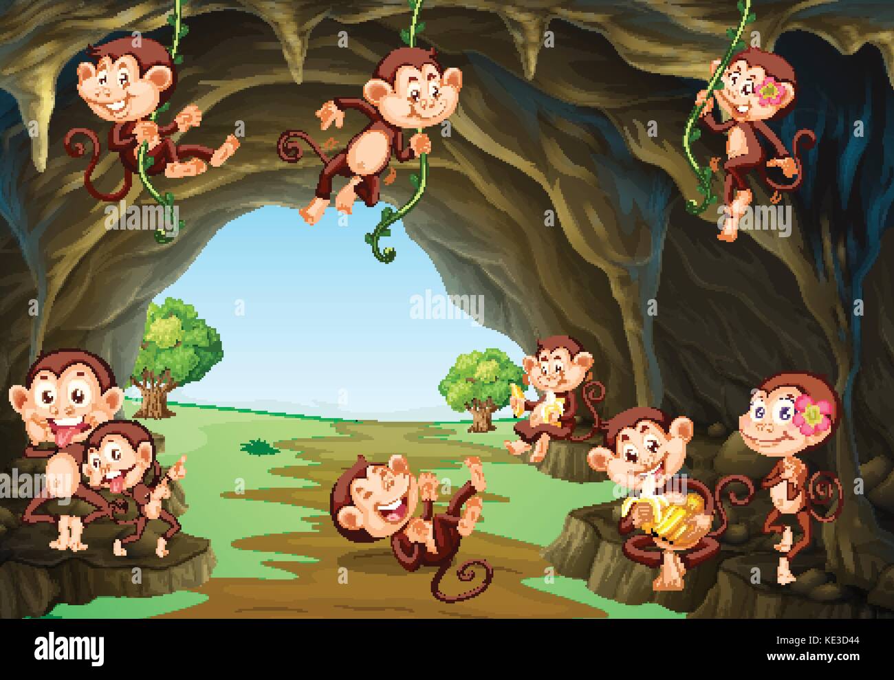 Monkeys living in the cave illustration Stock Vector Image & Art - Alamy