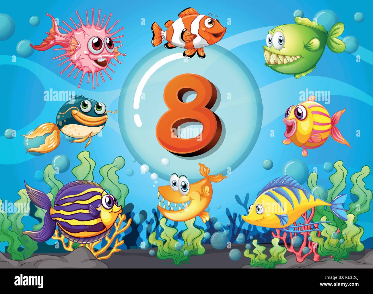 Flashcard number eight with 8 fish underwater illustration Stock Vector ...