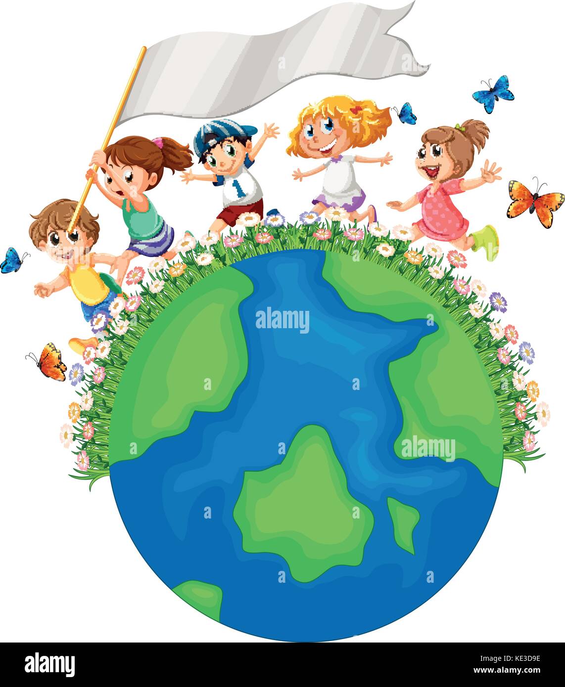 Children running around the earth with flag illustration Stock Vector ...