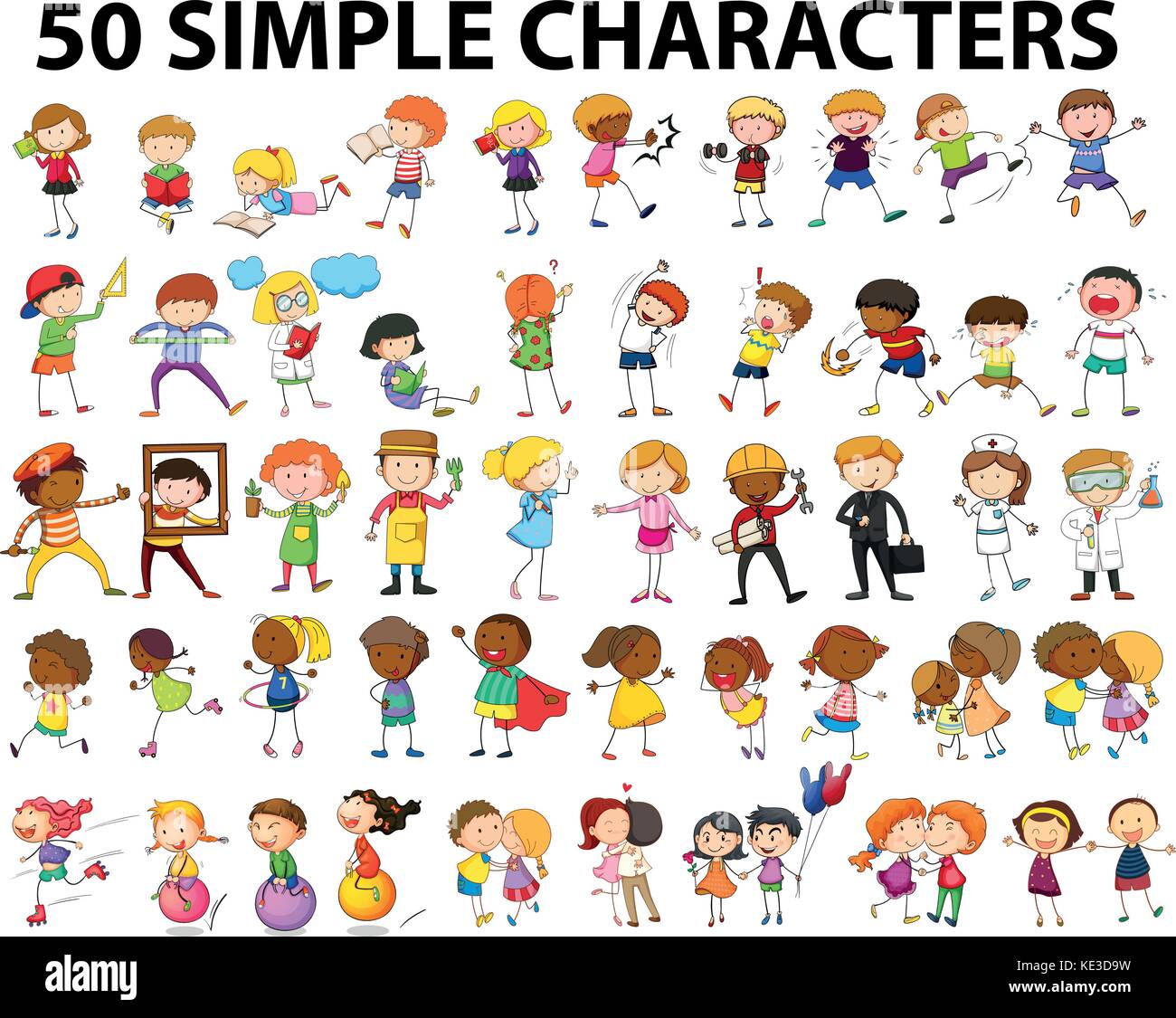 Fifty simple character doing different activities illustration Stock ...
