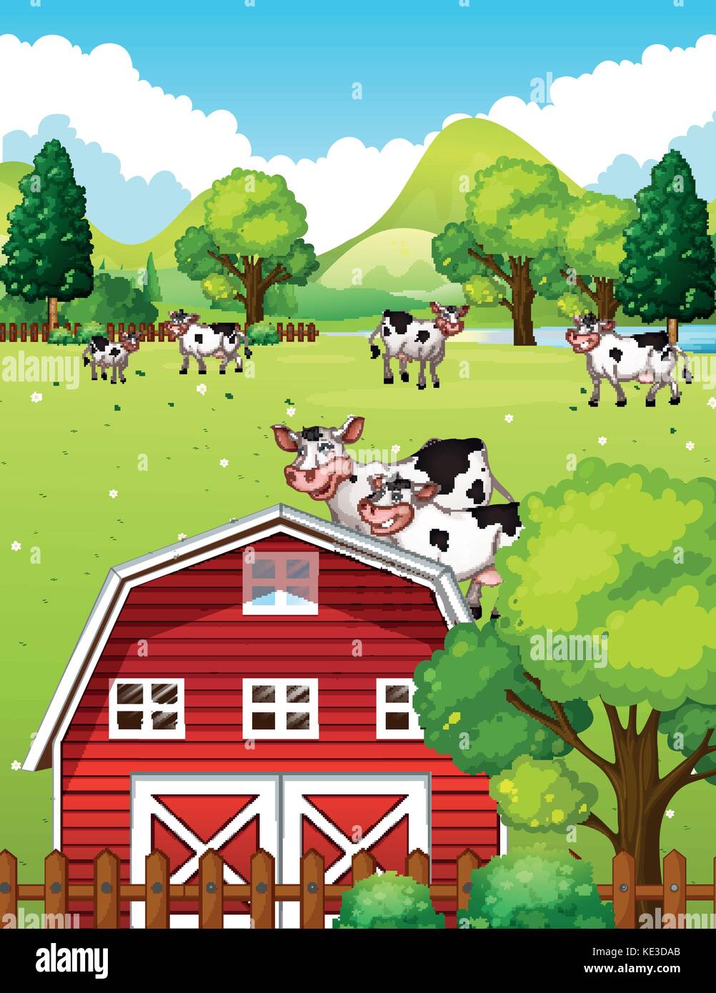 Farm scene with cows and barn illustration Stock Vector Image & Art - Alamy