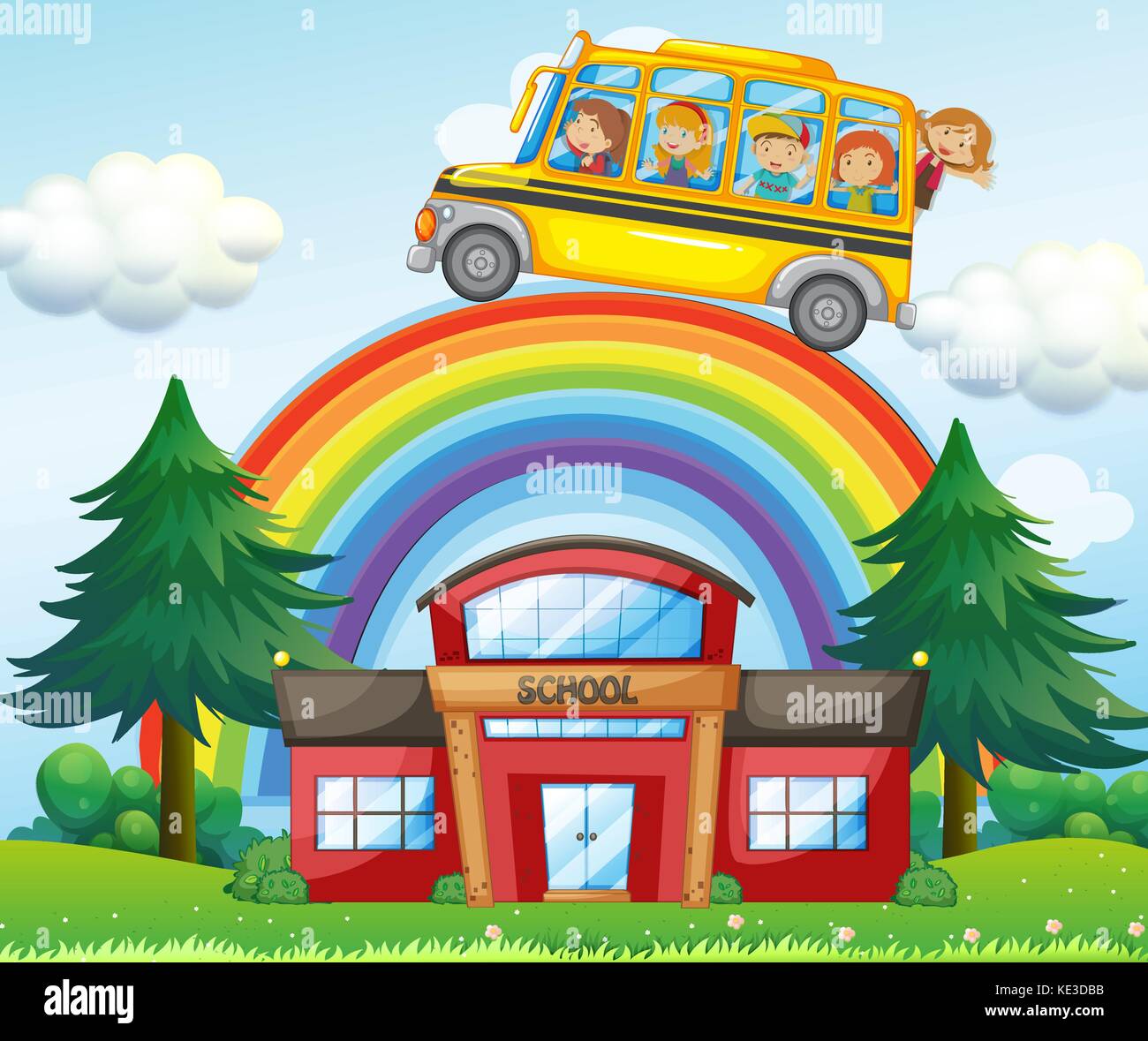 Children on school bus riding over the rainbow illustration Stock ...