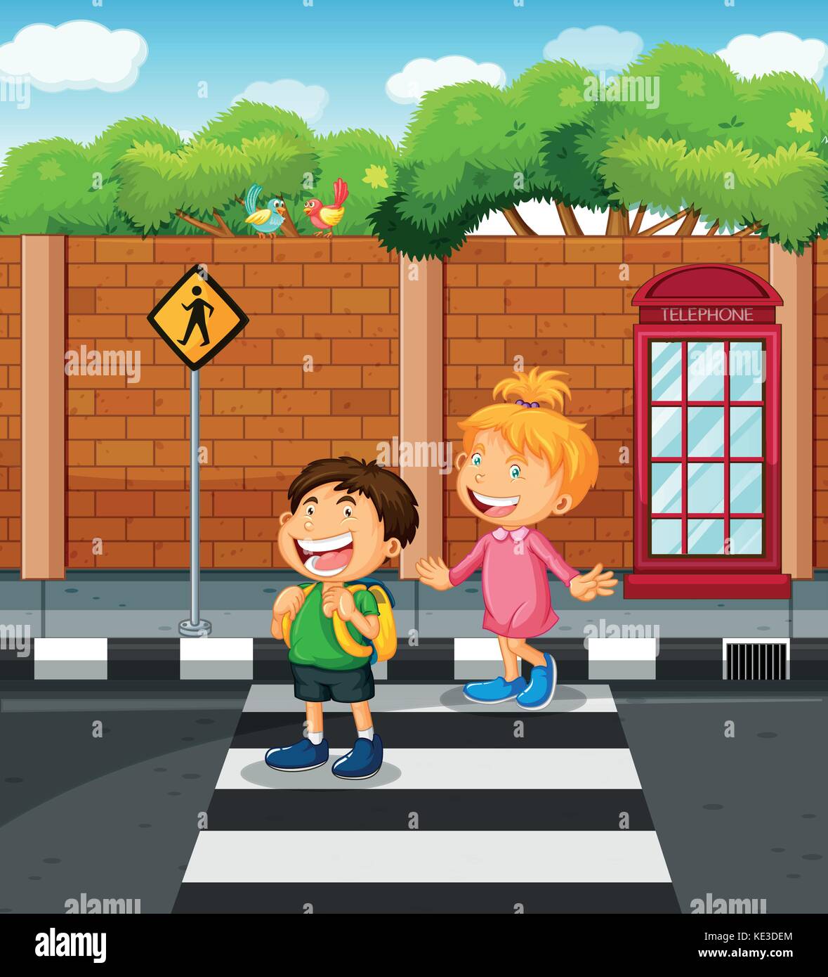 Two kids crossing the street illustration Stock Vector Image & Art - Alamy