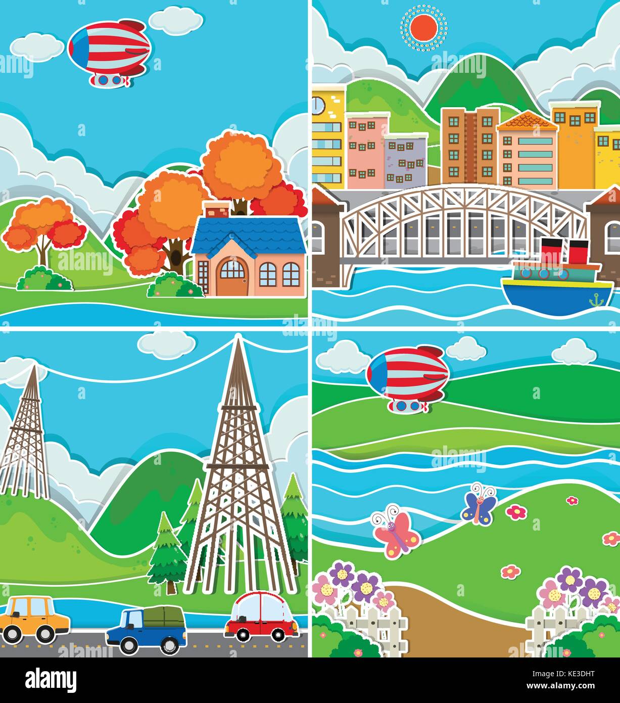 Four scenes of city and countryside illustration Stock Vector Image ...