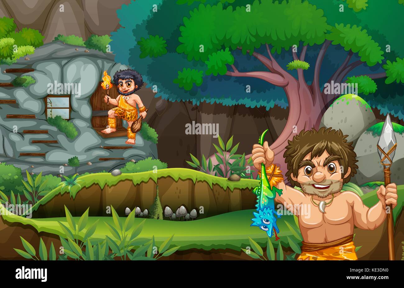 Two cavemen living in the stonehouse illustration Stock Vector Image ...
