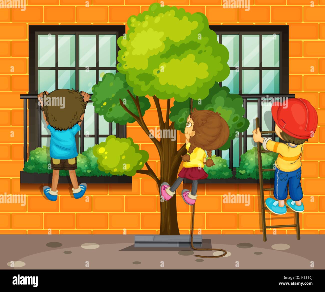 Three children climbing up the window illustration Stock Vector Image ...