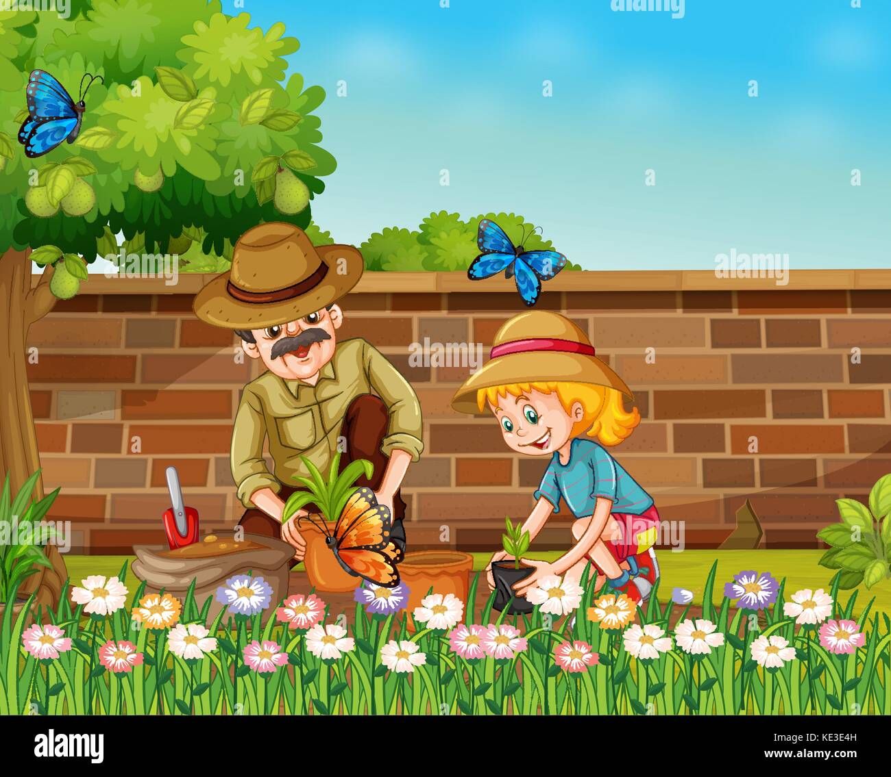 Girl and dad planting trees in the garden illustration Stock Vector ...