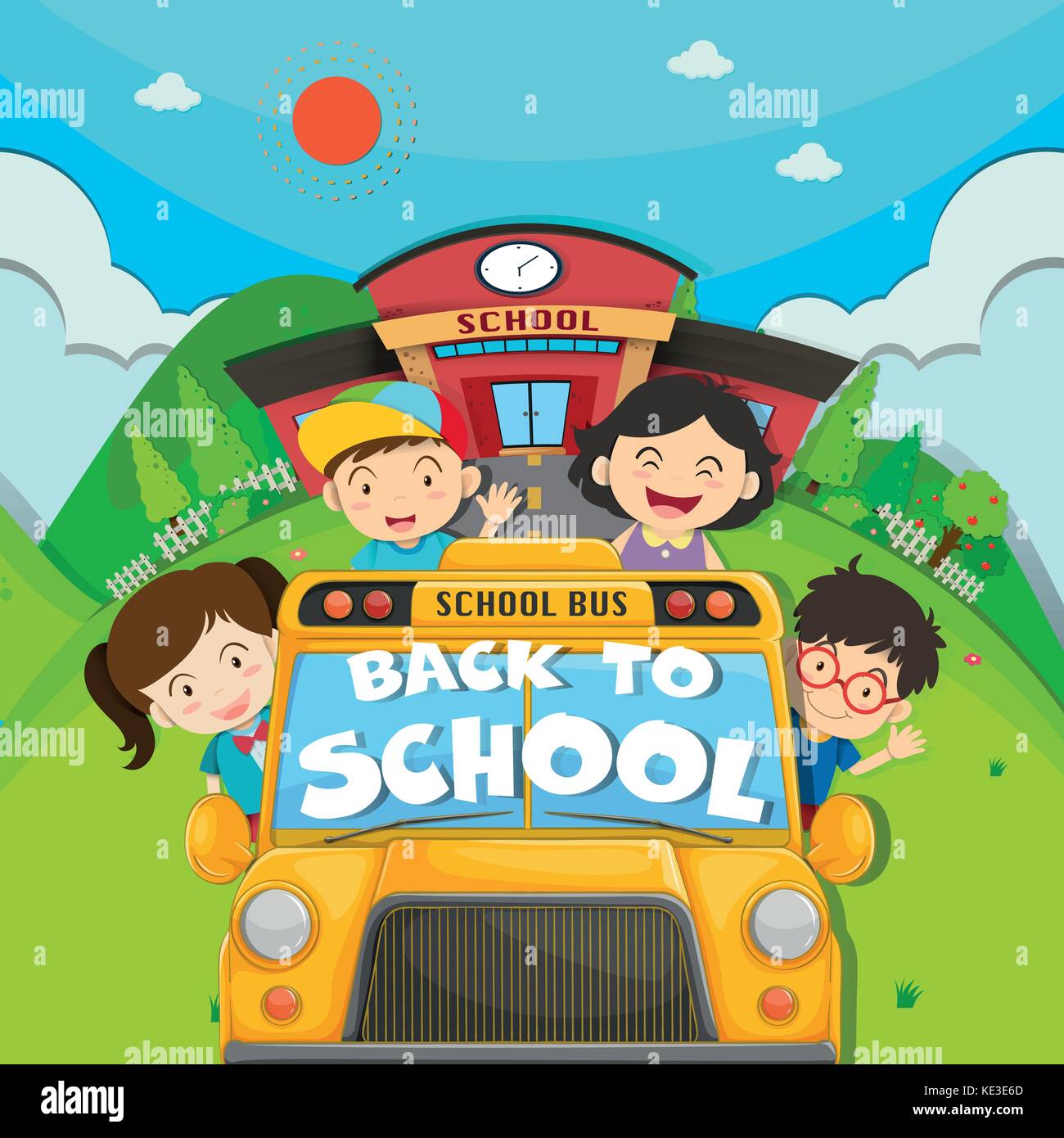 Children riding on school bus illustration Stock Vector Image & Art - Alamy