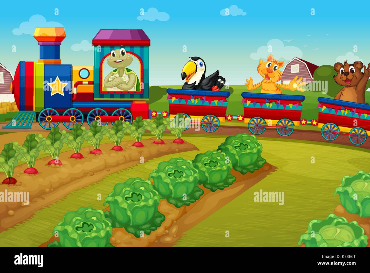 Animals riding on train by the farm illustration Stock Vector Image ...