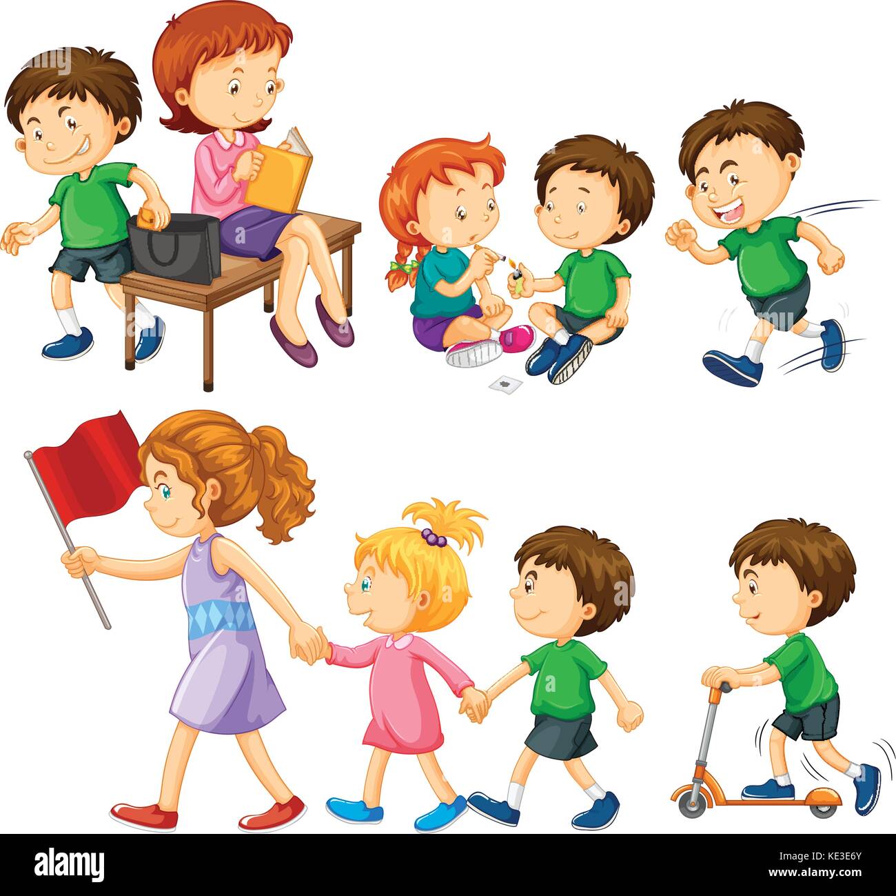 Boy in green shirt doing different activities illustration Stock Vector ...