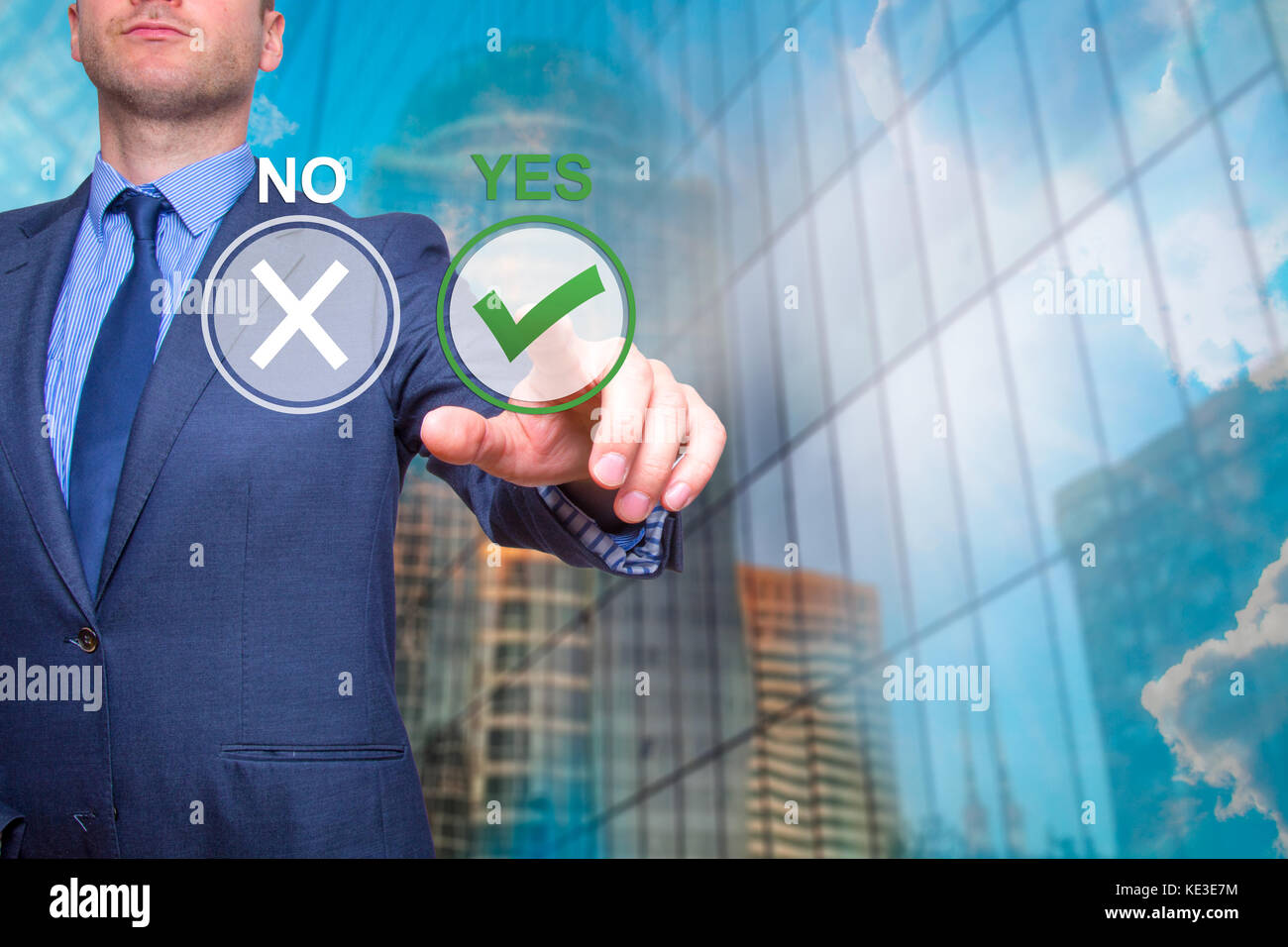 Hand of businessman press Yes button. Concept of decision making ...