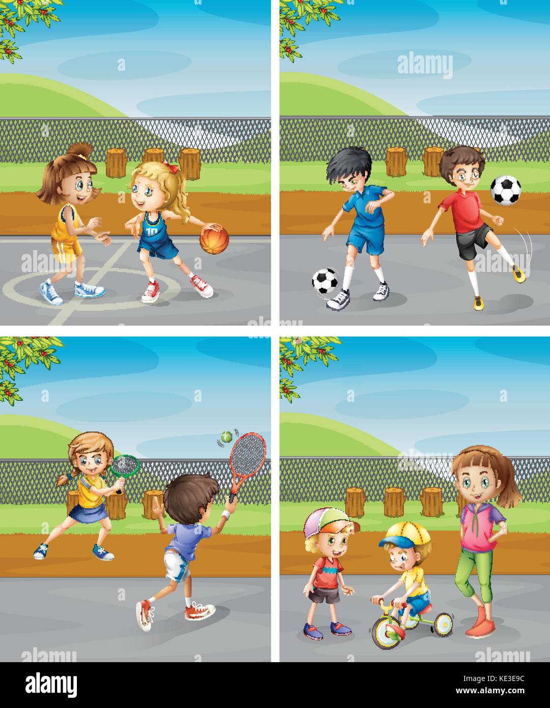 Children playing different sports in the park illustration Stock Vector ...