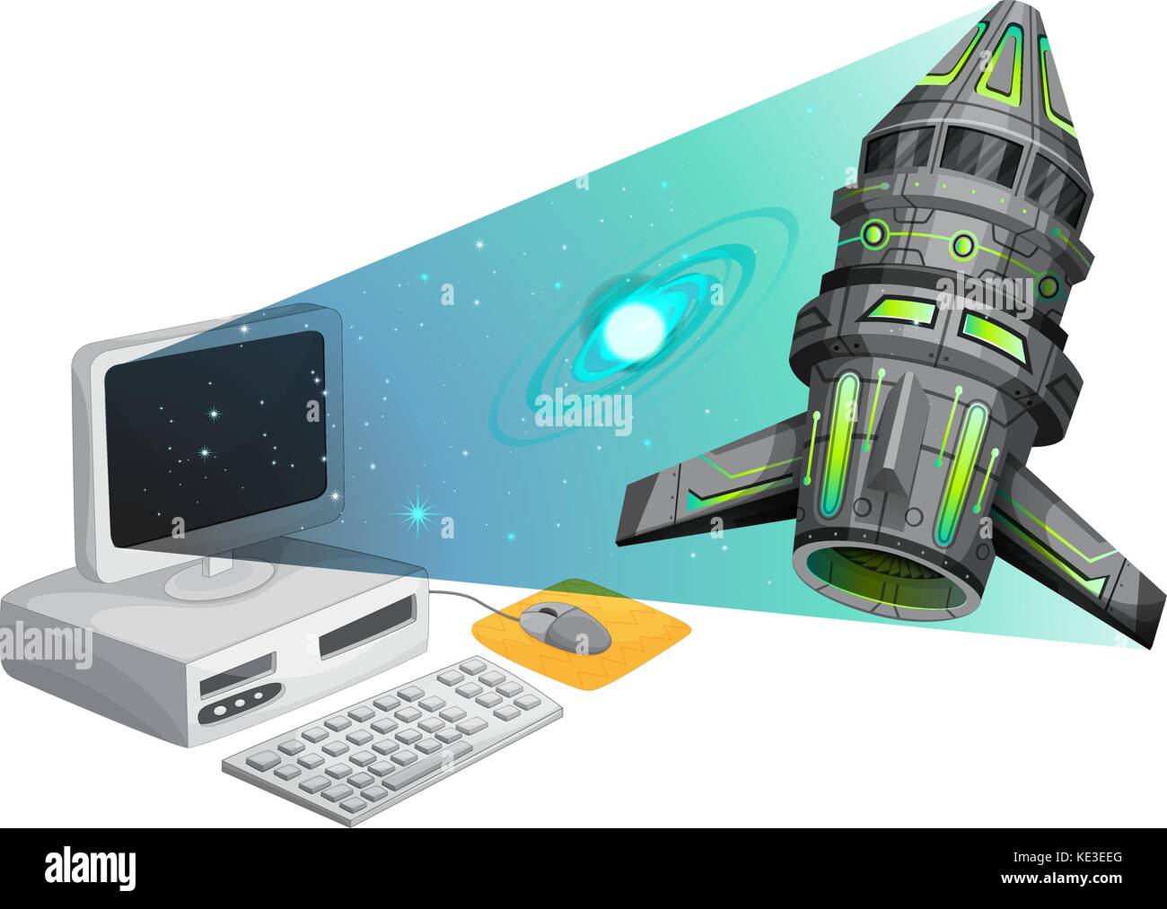 Spaceship floating out of the computer screen illustration Stock Vector ...