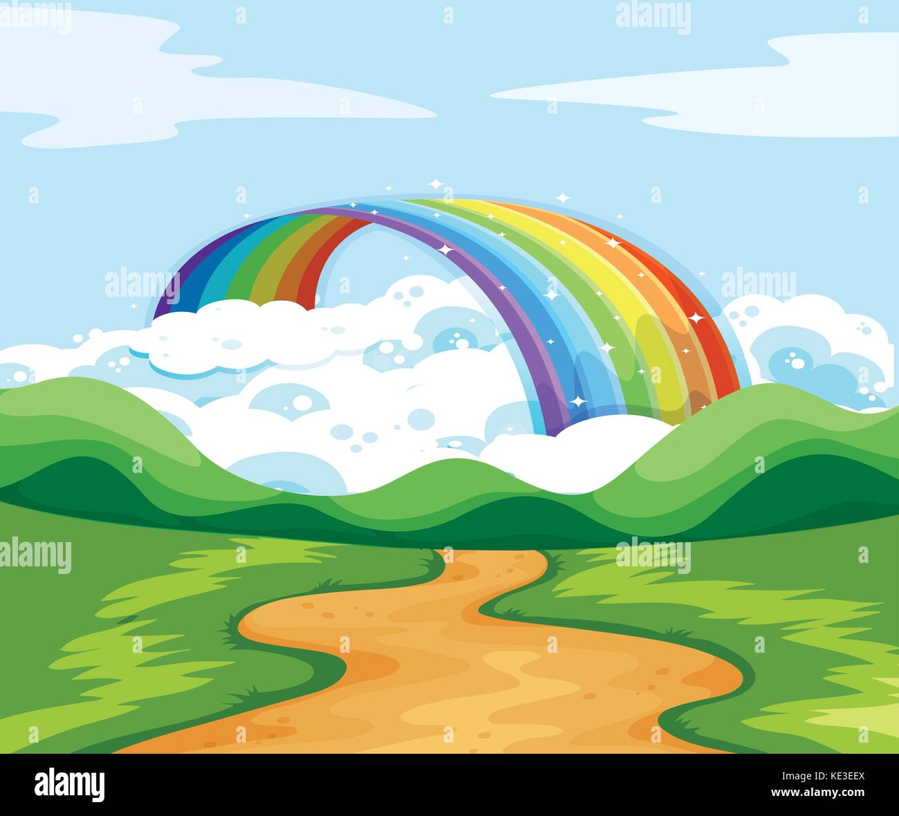 Nature scene with rainbow at the end of the road illustration Stock ...