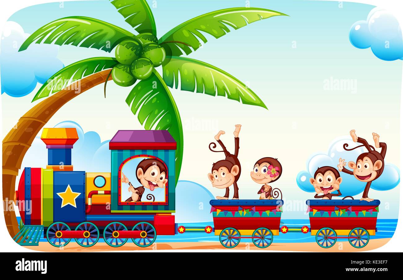 Monkeys sitting on a train at beach side illustration Stock Vector ...