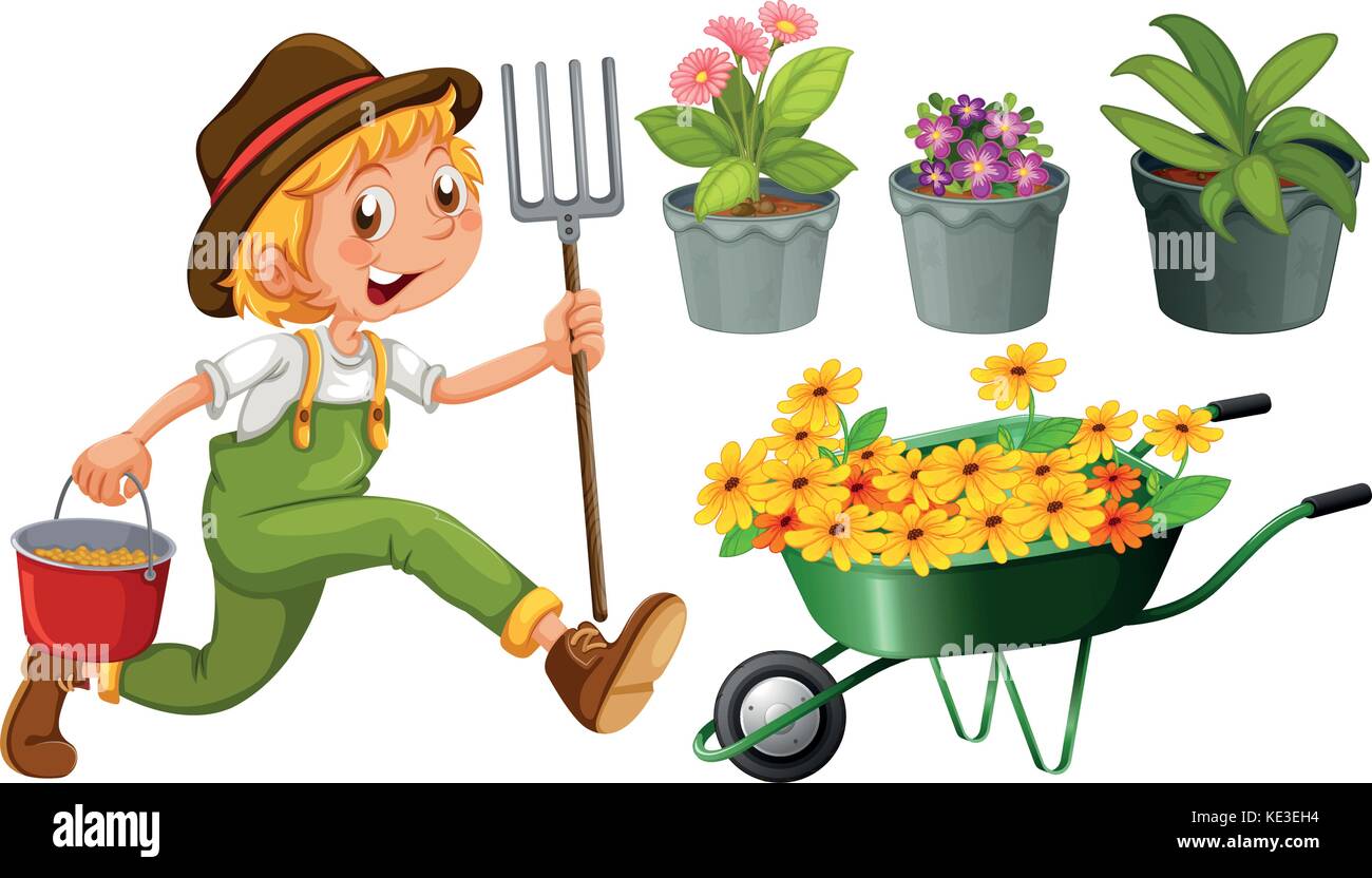 Boy with gardening tools and plants on white background Stock Vector ...