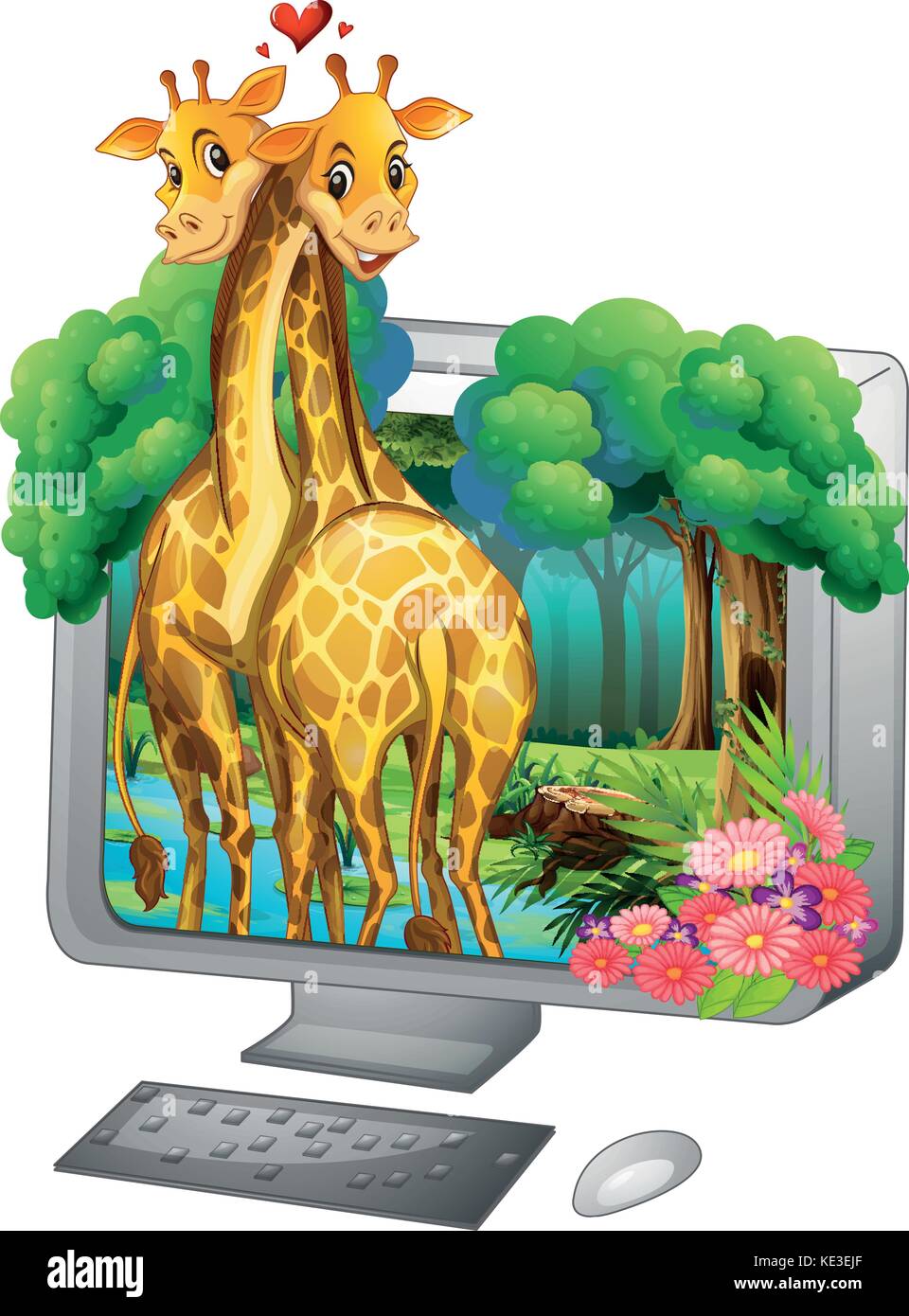Computer screen with two giraffe hugging illustration Stock Vector ...